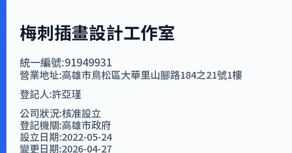梅刺插畫設計工作室的照片-統編 91949931(高雄市) 公司登記資料與營業項目詳細圖表
