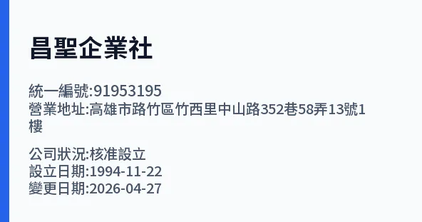 昌聖企業社的照片-統編 91953195(高雄市) 公司登記資料與營業項目詳細圖表