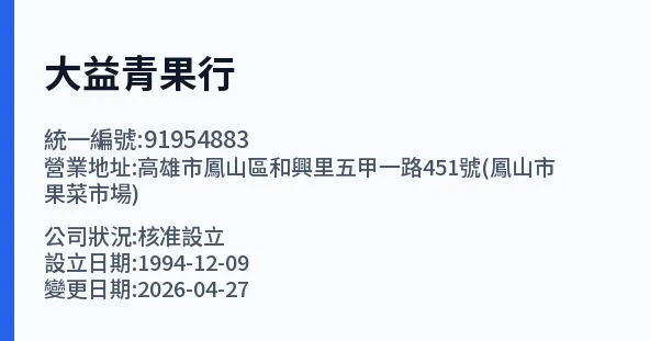 大益青果行的照片-統編 91954883(高雄市) 公司登記資料與營業項目詳細圖表
