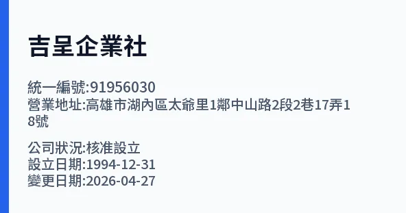 吉呈企業社的照片-統編 91956030(高雄市) 公司登記資料與營業項目詳細圖表