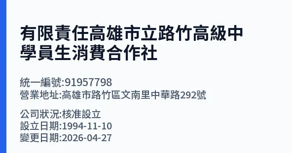 有限責任高雄市立路竹高級中學員生消費合作社的照片-統編 91957798(高雄市) 公司登記資料與營業項目詳細圖表