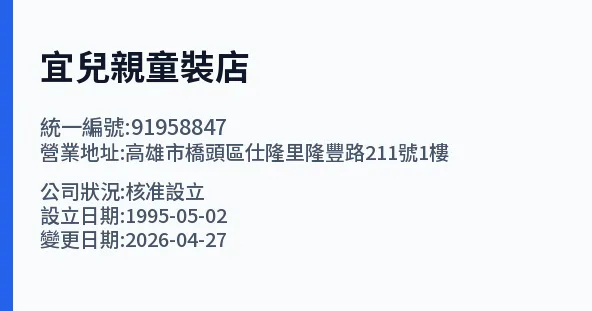 宜兒親童裝店的照片-統編 91958847(高雄市) 公司登記資料與營業項目詳細圖表