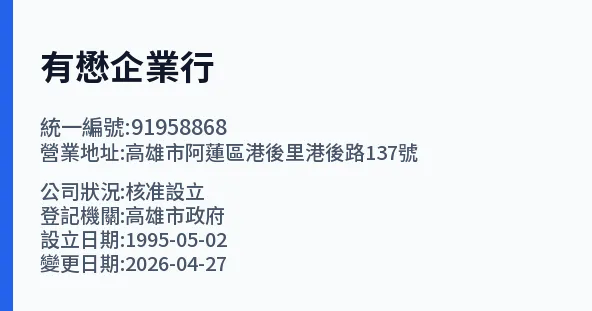 有懋企業行的照片-統編 91958868(高雄市) 公司登記資料與營業項目詳細圖表