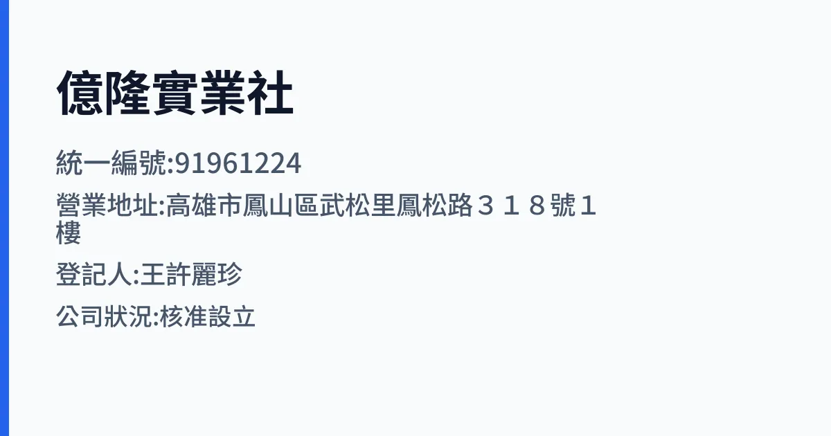 億隆實業社 - 統編 91961224(高雄市) 公司登記資料與營業項目詳細圖表