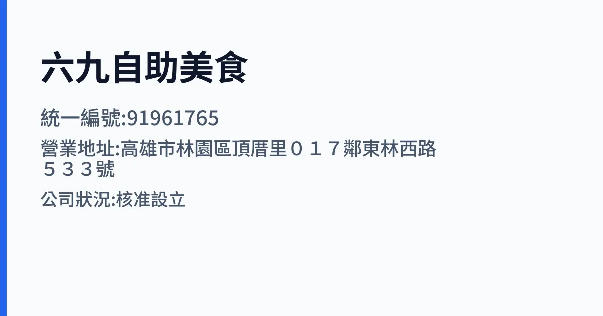 六九自助美食 - 統編 91961765(高雄市) 公司登記資料與營業項目詳細圖表