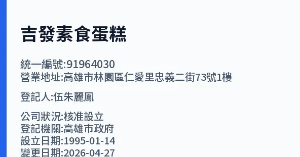 吉發素食蛋糕的照片-統編 91964030(高雄市) 公司登記資料與營業項目詳細圖表