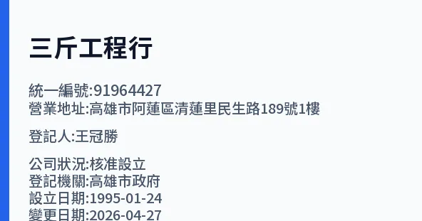 三斤工程行的照片-統編 91964427(高雄市) 公司登記資料與營業項目詳細圖表