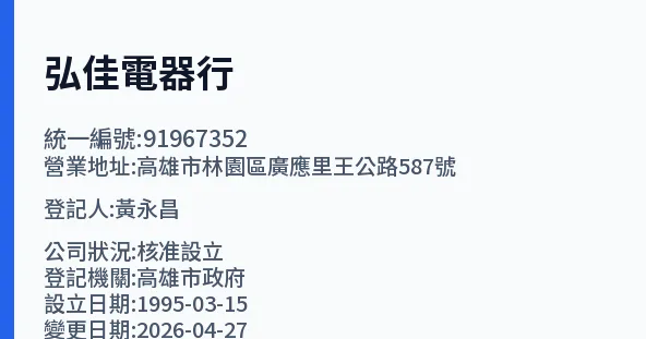 弘佳電器行的照片-統編 91967352(高雄市) 公司登記資料與營業項目詳細圖表