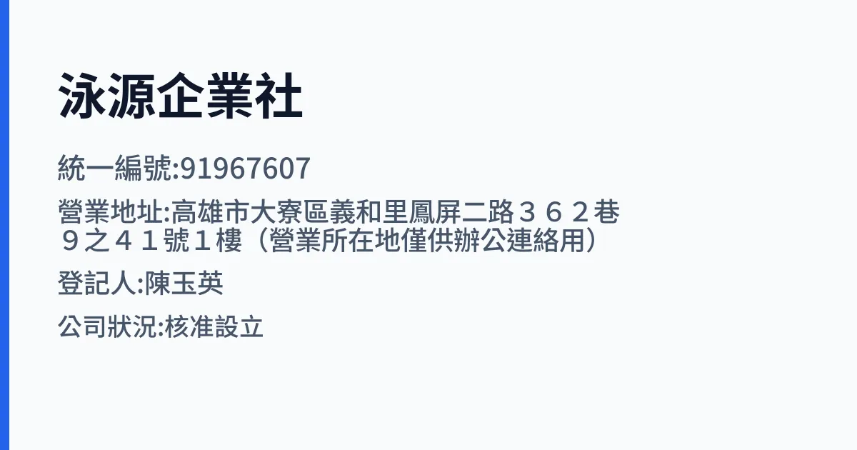 泳源企業社 - 統編 91967607(高雄市) 公司登記資料與營業項目詳細圖表