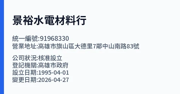 景裕水電材料行的照片-統編 91968330(高雄市) 公司登記資料與營業項目詳細圖表