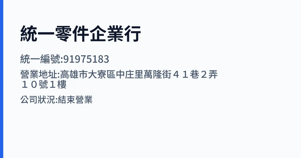 統一零件企業行 - 統編 91975183(高雄市) 公司登記資料與營業項目詳細圖表