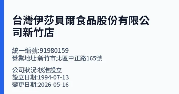 台灣伊莎貝爾食品股份有限公司新竹店的照片-統編 91980159(新竹市) 公司登記資料與營業項目詳細圖表