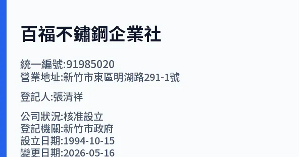 百福不鏽鋼企業社的照片-統編 91985020(新竹市) 公司登記資料與營業項目詳細圖表