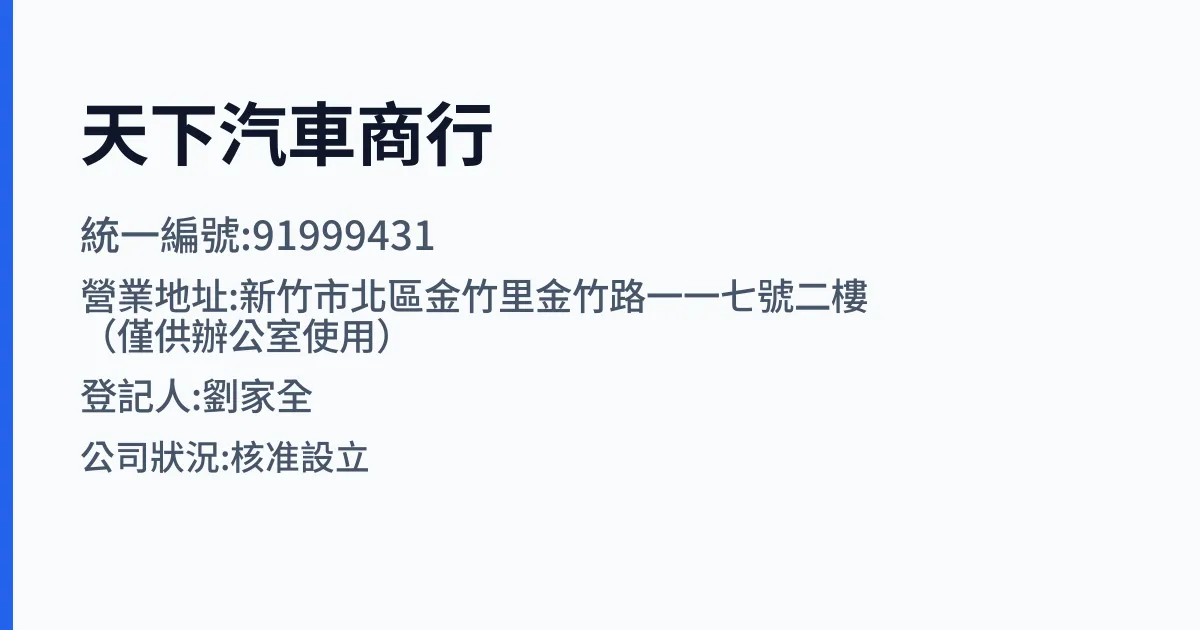 天下汽車商行 - 統編 91999431(新竹市) 公司登記資料與營業項目詳細圖表