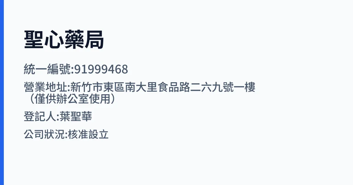 聖心藥局 - 統編 91999468(新竹市) 公司登記資料與營業項目詳細圖表