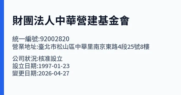 財團法人中華營建基金會的照片-統編 92002820(臺北市) 公司登記資料與營業項目詳細圖表