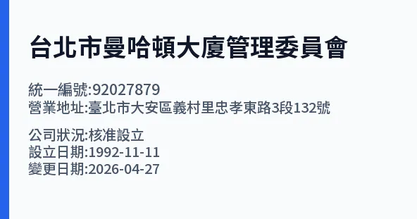 台北市曼哈頓大廈管理委員會的照片-統編 92027879(臺北市) 公司登記資料與營業項目詳細圖表