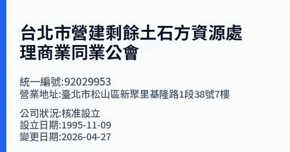 台北市營建剩餘土石方資源處理商業同業公會的照片-統編 92029953(臺北市) 公司登記資料與營業項目詳細圖表