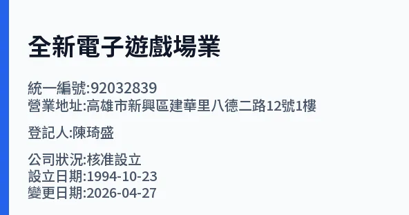 全新電子遊戲場業的照片-統編 92032839(高雄市) 公司登記資料與營業項目詳細圖表
