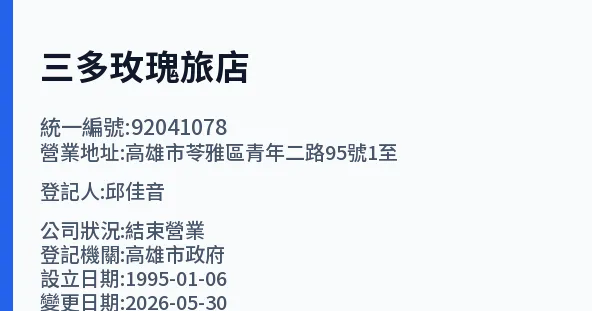 三多玫瑰旅店的照片-統編 92041078(高雄市) 公司登記資料與營業項目詳細圖表