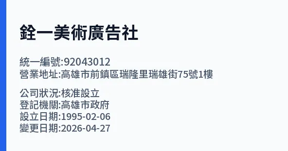 銓一美術廣告社的照片-統編 92043012(高雄市) 公司登記資料與營業項目詳細圖表