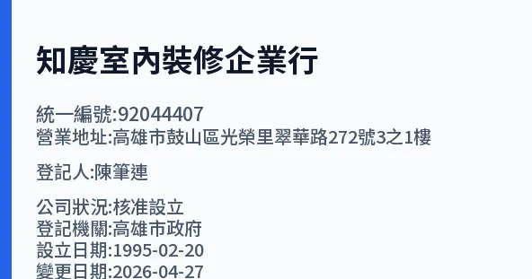 知慶室內裝修企業行的照片-統編 92044407(高雄市) 公司登記資料與營業項目詳細圖表