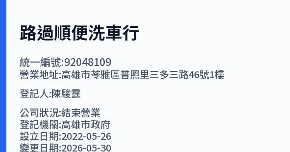 路過順便洗車行的照片-統編 92048109(高雄市) 公司登記資料與營業項目詳細圖表