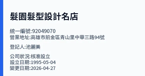 髮園髮型設計名店的照片-統編 92049070(高雄市) 公司登記資料與營業項目詳細圖表