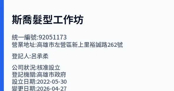 斯喬髮型工作坊的照片-統編 92051173(高雄市) 公司登記資料與營業項目詳細圖表
