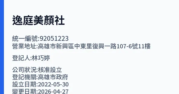 逸庭美顏社的照片-統編 92051223(高雄市) 公司登記資料與營業項目詳細圖表