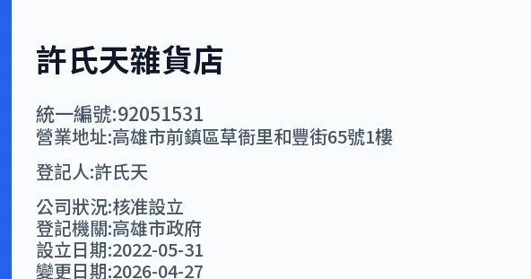 許氏天雜貨店的照片-統編 92051531(高雄市) 公司登記資料與營業項目詳細圖表
