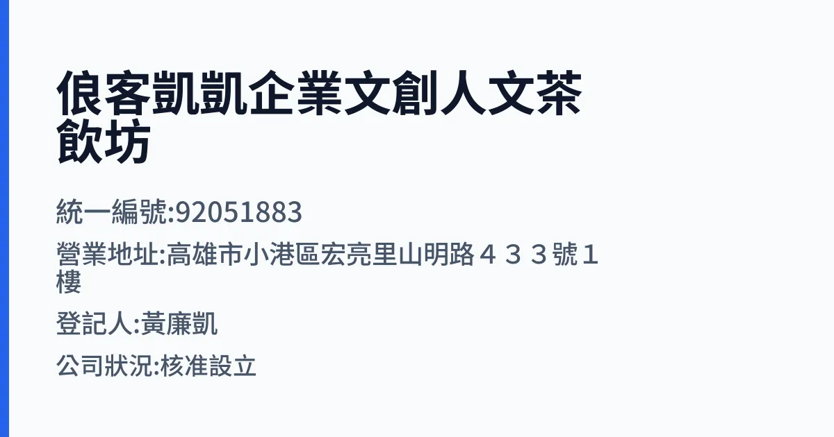 俍客凱凱企業文創人文茶飲坊 - 統編 92051883(高雄市) 公司登記資料與營業項目詳細圖表