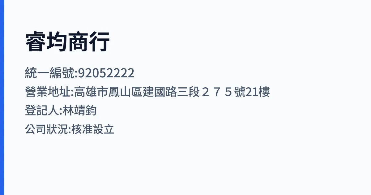 睿均商行 - 統編 92052222(高雄市) 公司登記資料與營業項目詳細圖表