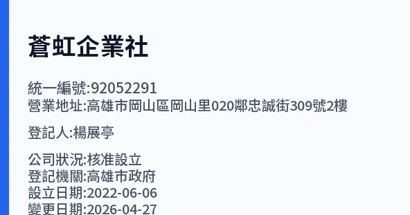 蒼虹企業社的照片-統編 92052291(高雄市) 公司登記資料與營業項目詳細圖表