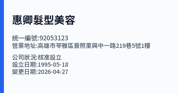 惠卿髮型美容的照片-統編 92053123(高雄市) 公司登記資料與營業項目詳細圖表