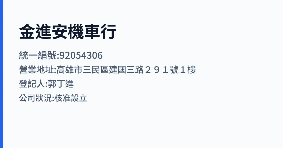 金進安機車行 - 統編 92054306(高雄市) 公司登記資料與營業項目詳細圖表