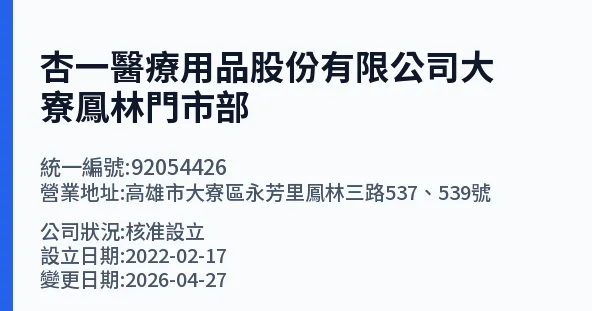 杏一醫療用品股份有限公司大寮鳳林門市部的照片-統編 92054426(高雄市) 公司登記資料與營業項目詳細圖表