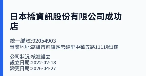 日本橋資訊股份有限公司成功店的照片-統編 92054903(高雄市) 公司登記資料與營業項目詳細圖表