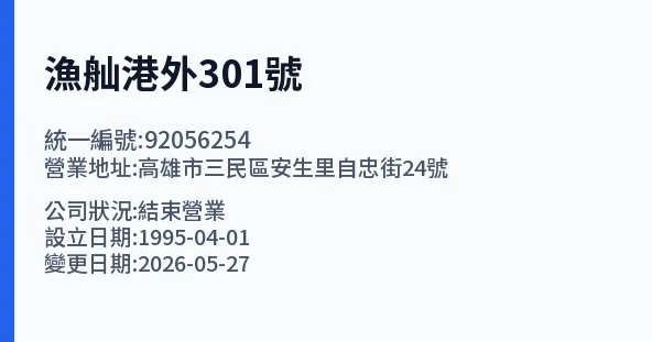 漁舢港外301號的照片-統編 92056254(高雄市) 公司登記資料與營業項目詳細圖表