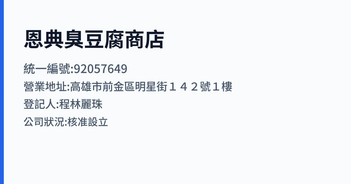 恩典臭豆腐商店 - 統編 92057649(高雄市) 公司登記資料與營業項目詳細圖表