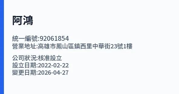阿鴻的照片-統編 92061854(高雄市) 公司登記資料與營業項目詳細圖表