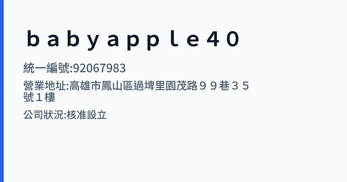 ｂａｂｙａｐｐｌｅ４０ - 統編 92067983(高雄市) 公司登記資料與營業項目詳細圖表