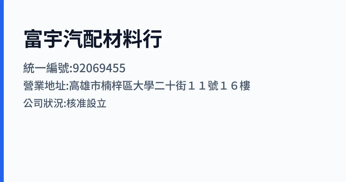 富宇汽配材料行 - 統編 92069455(高雄市) 公司登記資料與營業項目詳細圖表