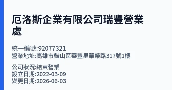 厄洛斯企業有限公司瑞豐營業處的照片-統編 92077321(高雄市) 公司登記資料與營業項目詳細圖表