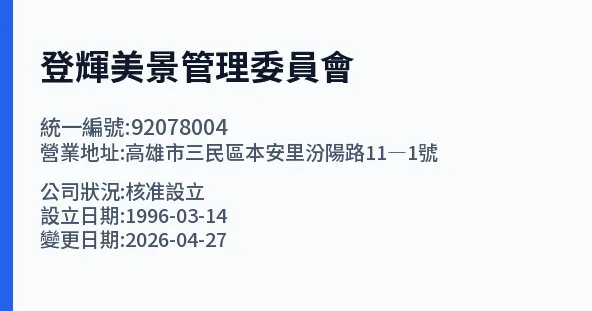 登輝美景管理委員會的照片-統編 92078004(高雄市) 公司登記資料與營業項目詳細圖表