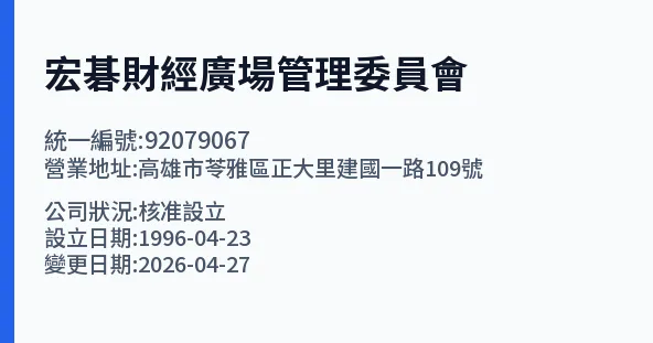 宏碁財經廣場管理委員會的照片-統編 92079067(高雄市) 公司登記資料與營業項目詳細圖表