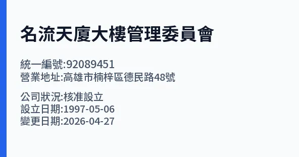 名流天廈大樓管理委員會的照片-統編 92089451(高雄市) 公司登記資料與營業項目詳細圖表