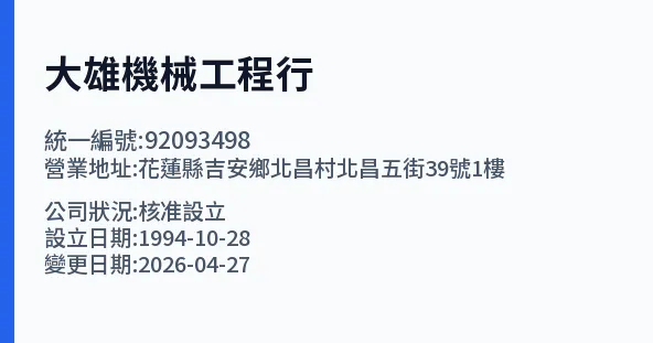 大雄機械工程行的照片-統編 92093498(花蓮縣) 公司登記資料與營業項目詳細圖表