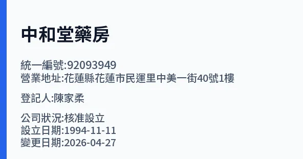 中和堂藥房的照片-統編 92093949(花蓮縣) 公司登記資料與營業項目詳細圖表