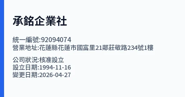 承銘企業社的照片-統編 92094074(花蓮縣) 公司登記資料與營業項目詳細圖表
